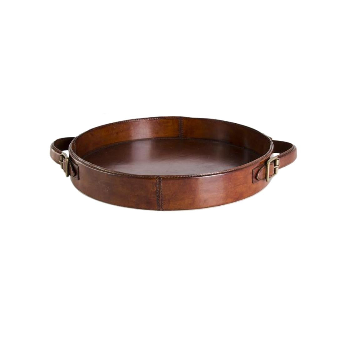 Small Round Tan Leather Tray with Brass Buckle Accent – Blue Dahlia Designs